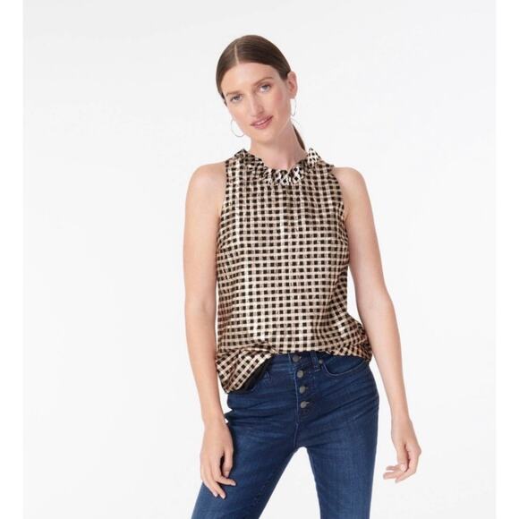 J. Crew Factory | Tops | Jcrew Black Gold Gingham Crinkle Metallic Shimmer Ruffle Neck Tank ...
